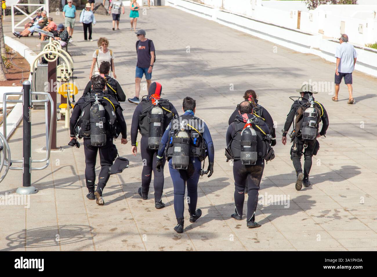 Diverers getting ready for a dive in the Canary island resort of Puerto ...