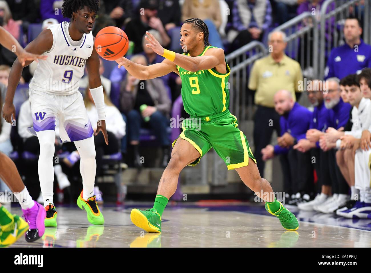 March 09, 2025: Oregon Ducks guard Keeshawn Barthelemy (9) passes the ...