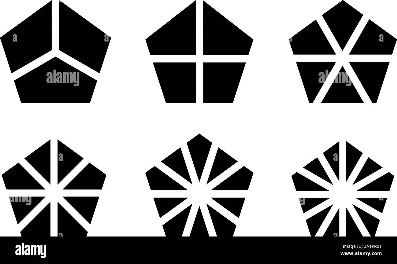 Pentagon shapes separated into segments from 3 to 12 isolated on white ...