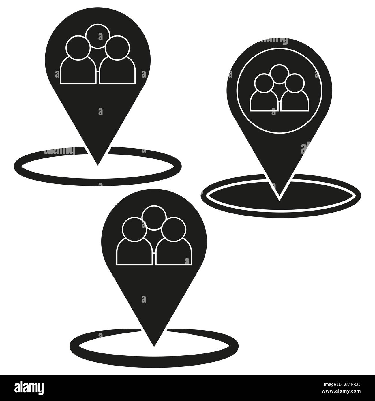 People location icon. Group map marker. Community position sign. Black pinpoint vector Stock ...