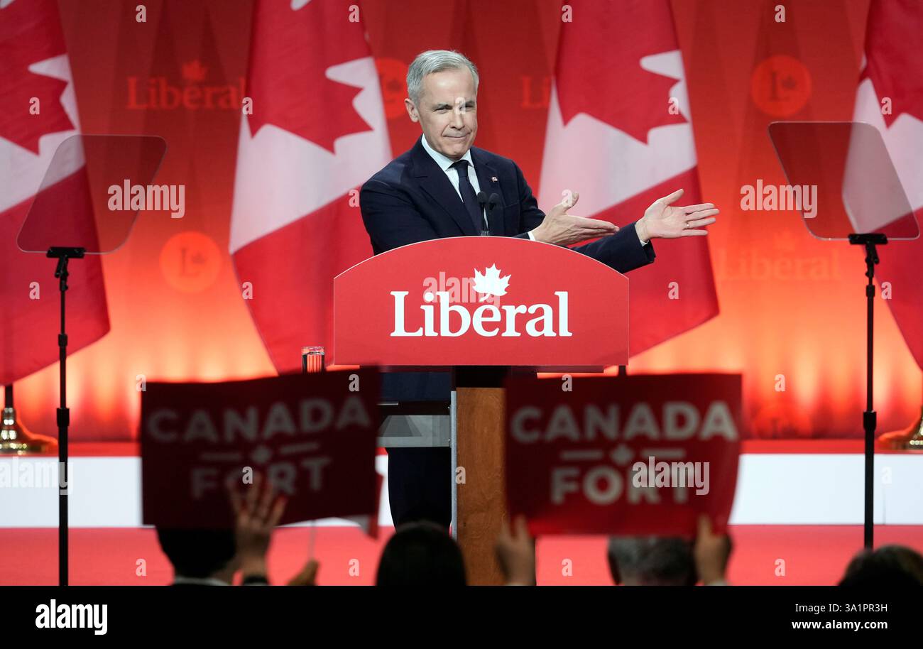 Liberal Leader Mark Carney delivers his victory speech during the ...