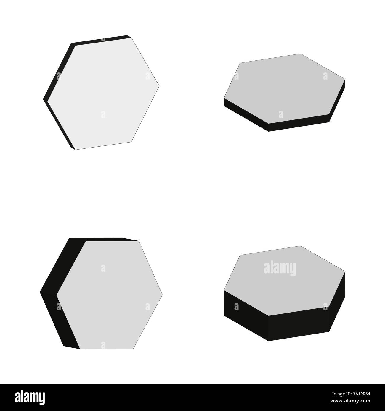 Hexagon tile icons. Three dimensional symbols. Black gray shapes. White ...