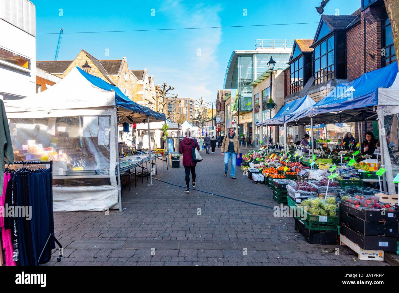 Market stalls on The High Street in Staines-upon-Thames in The UK Stock ...