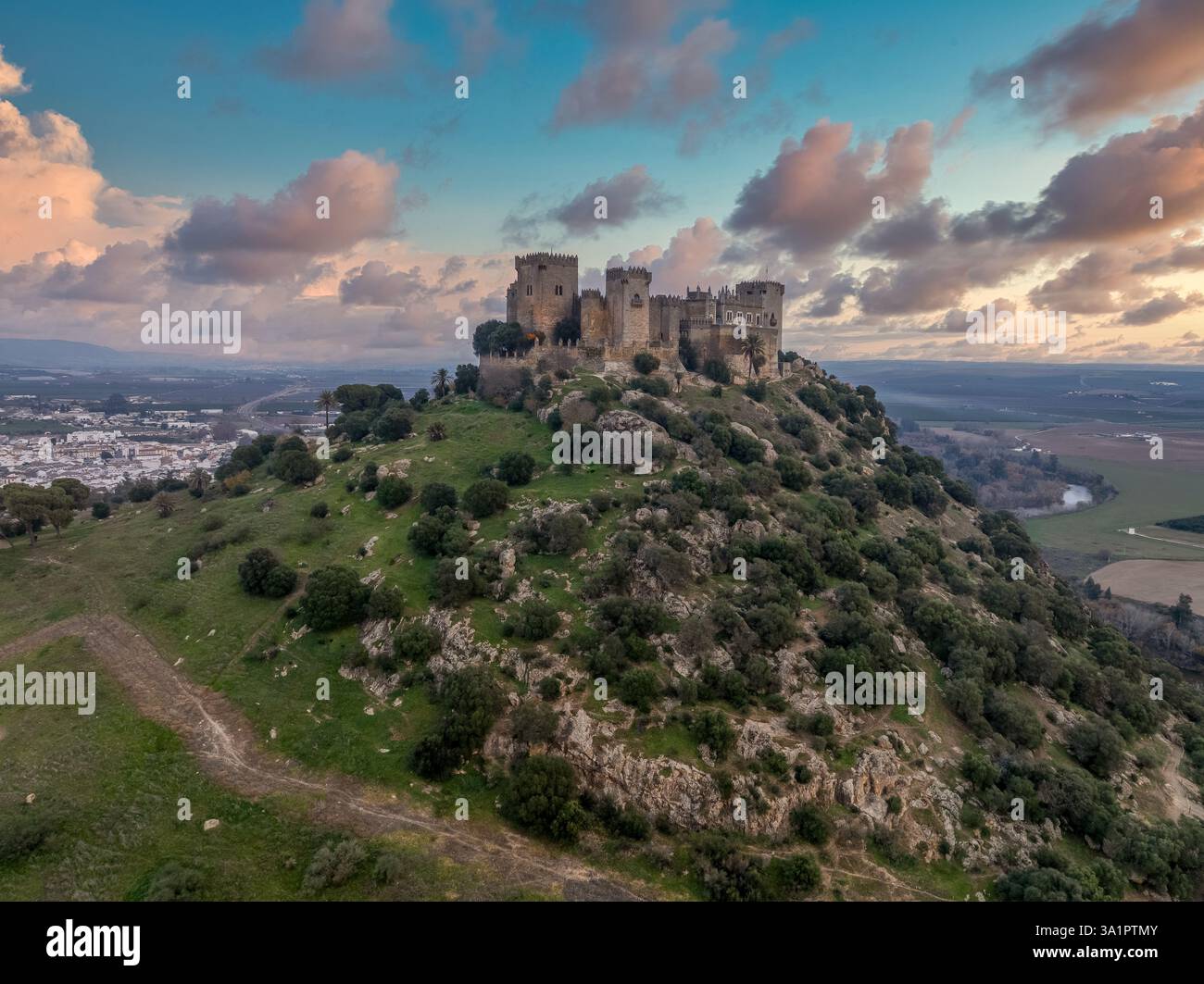 Aerial view of Almodovar castle above Almodovar del Rio Spain, Gothic ...