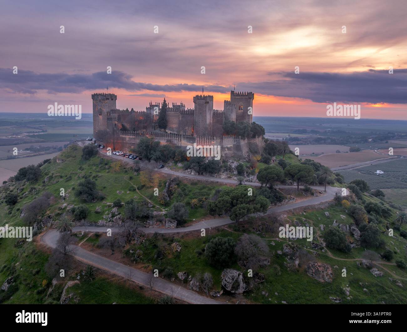 Aerial view of Almodovar castle above Almodovar del Rio Spain, Gothic ...