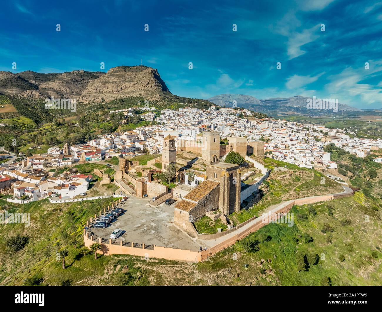 Aerial view of Alora medieval hilltop castle ruin with dual walled ...