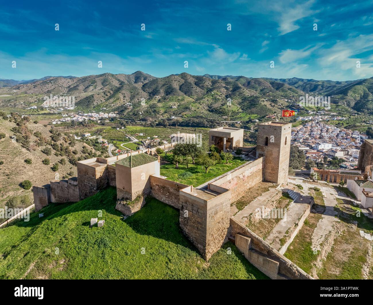 Aerial view of Alora medieval hilltop castle ruin with dual walled ...