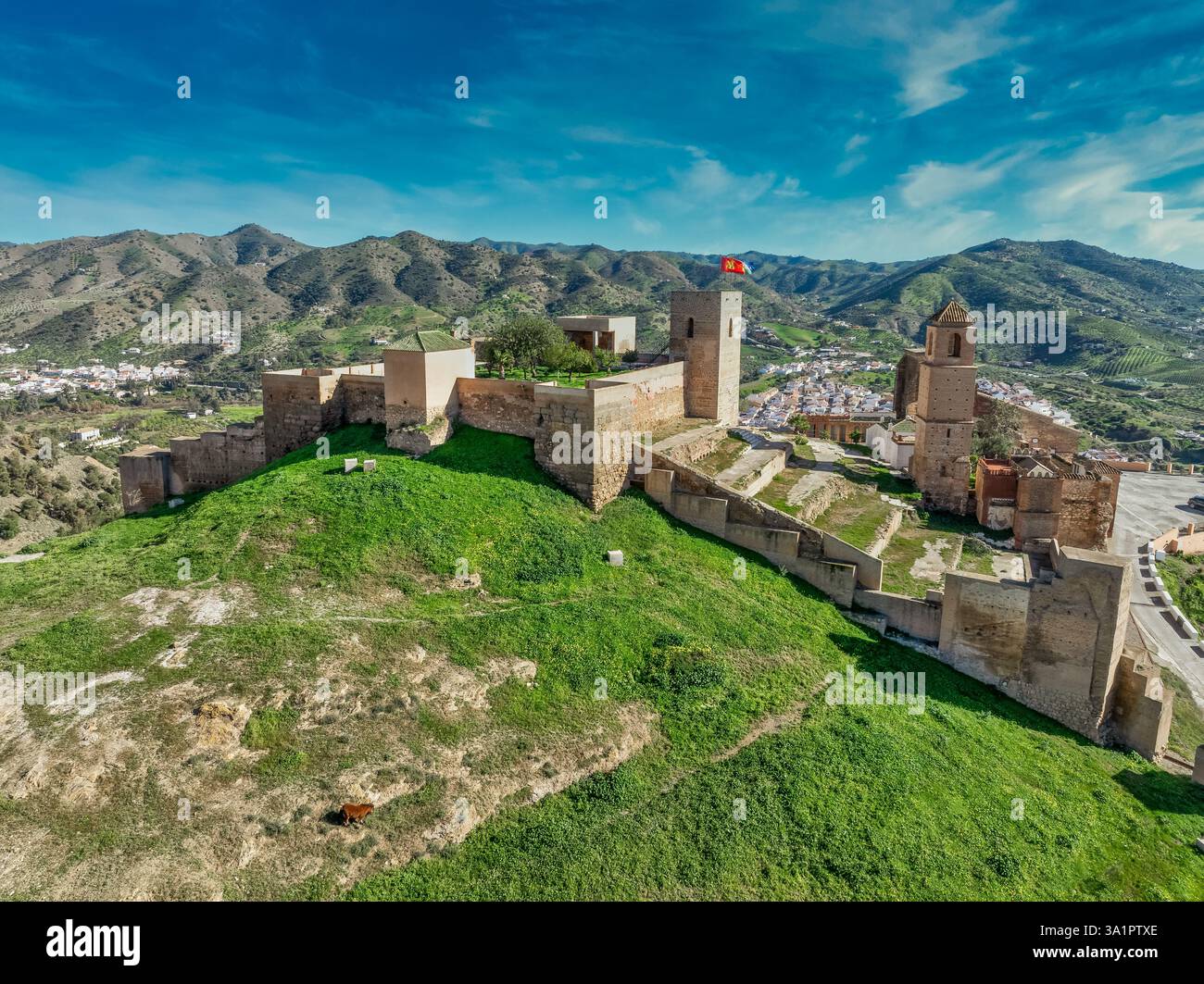 Aerial view of Alora medieval hilltop castle ruin with dual walled ...