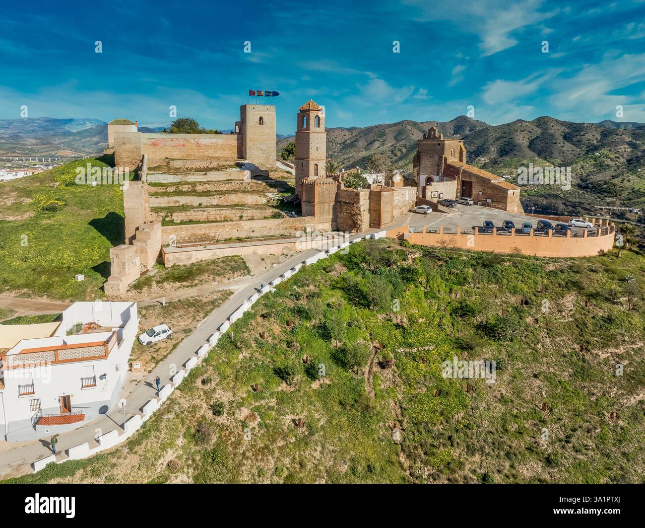 Aerial view of Alora medieval hilltop castle ruin with dual walled ...