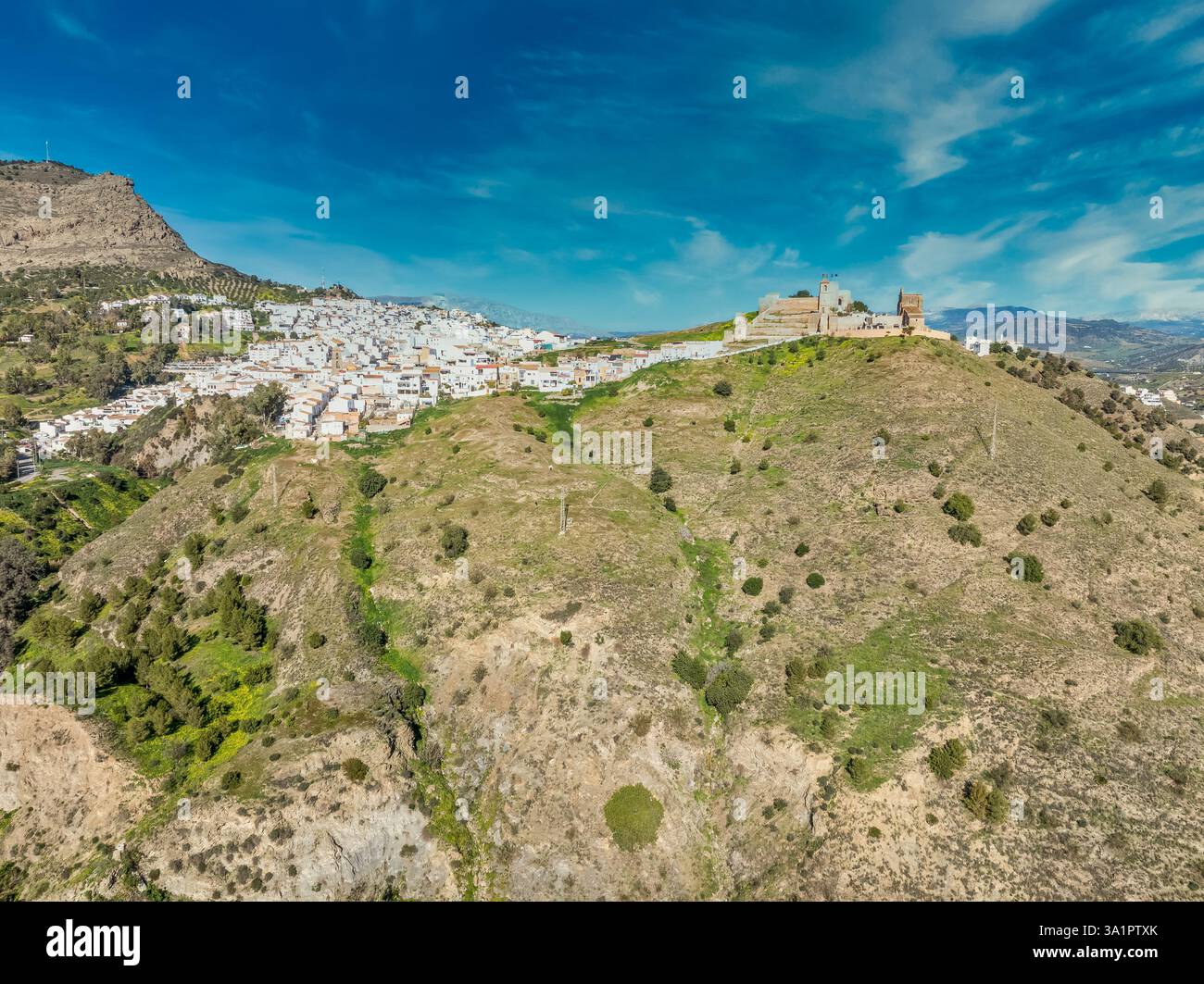 Aerial view of Alora medieval hilltop castle ruin with dual walled ...