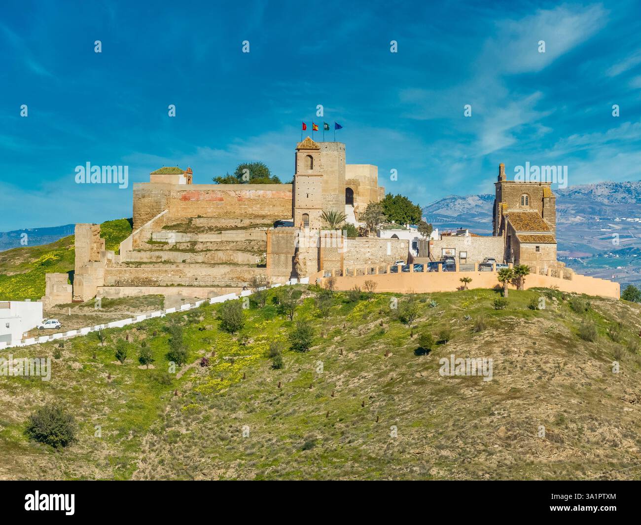 Aerial view of Alora medieval hilltop castle ruin with dual walled ...