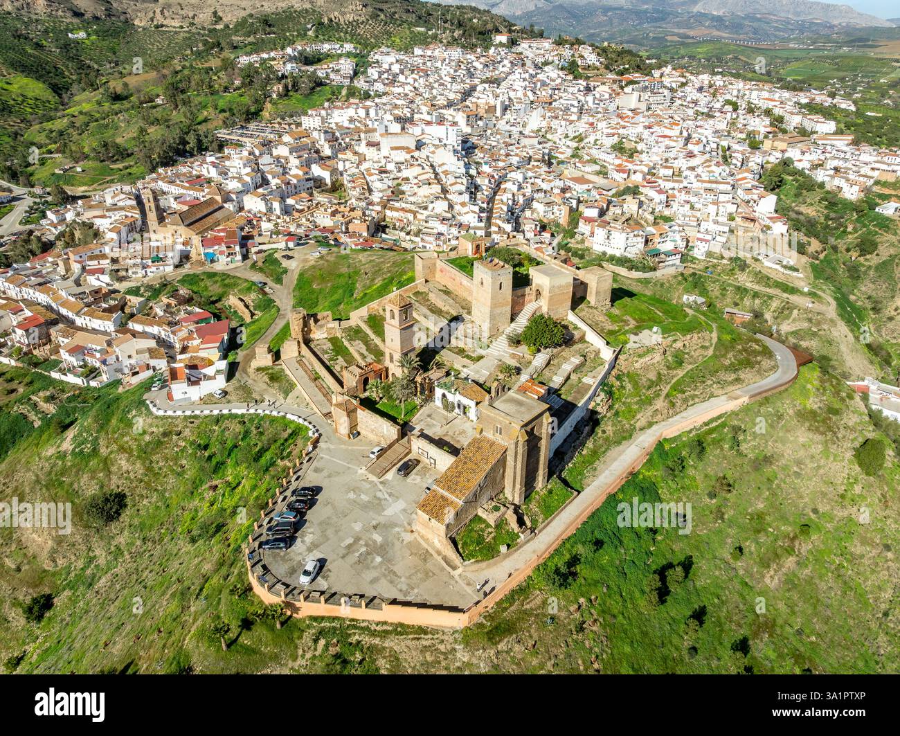 Aerial view of Alora medieval hilltop castle ruin with dual walled ...