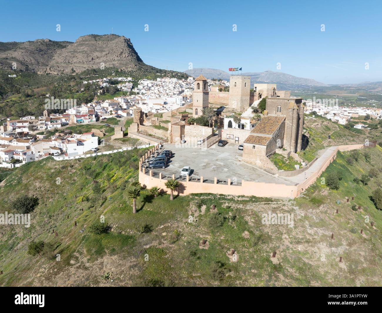 Aerial view of Alora medieval hilltop castle ruin with dual walled ...