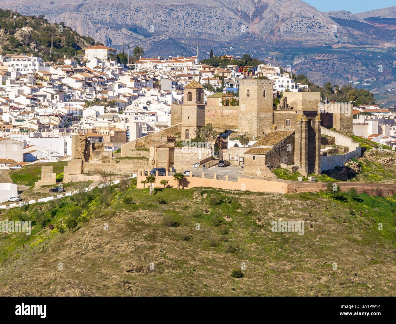 Aerial view of Alora medieval hilltop castle ruin with dual walled ...