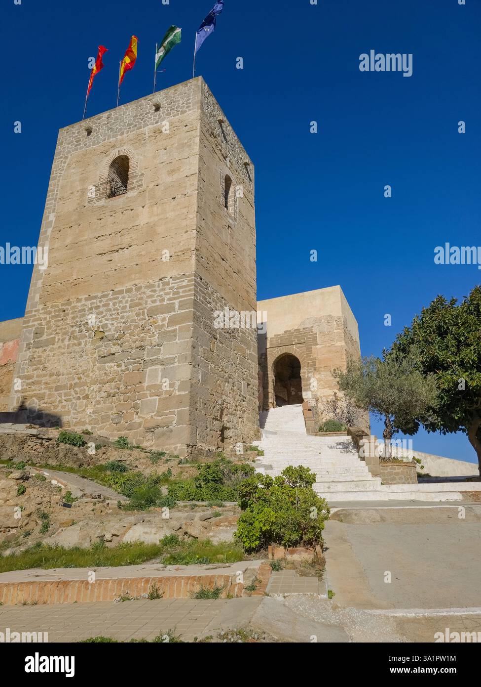 Alora hilltop castle with restored Islamic horse shoe arch gate house ...