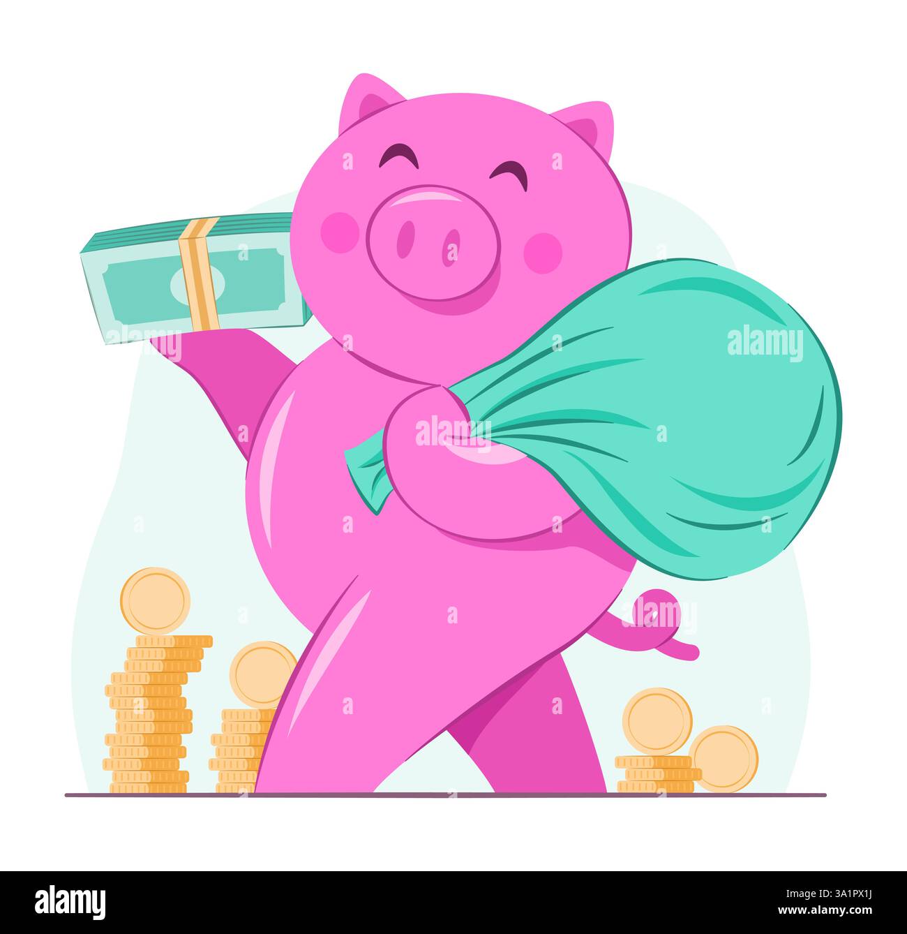 Cheerful Pink Piggy Bank Character Carry a Money Bag and Holding Cash ...