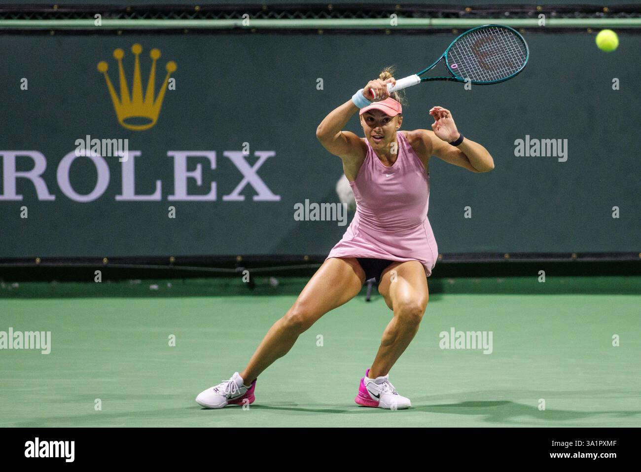 March 8, 2025: Jaqueline Cristian of Romania hits a shot against Leylah ...