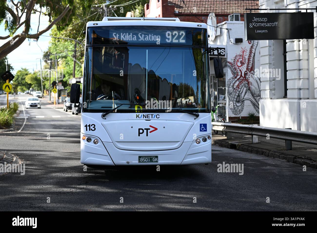 Front view of a Kinetic Melbourne operated Scania K280UB, traveling ...