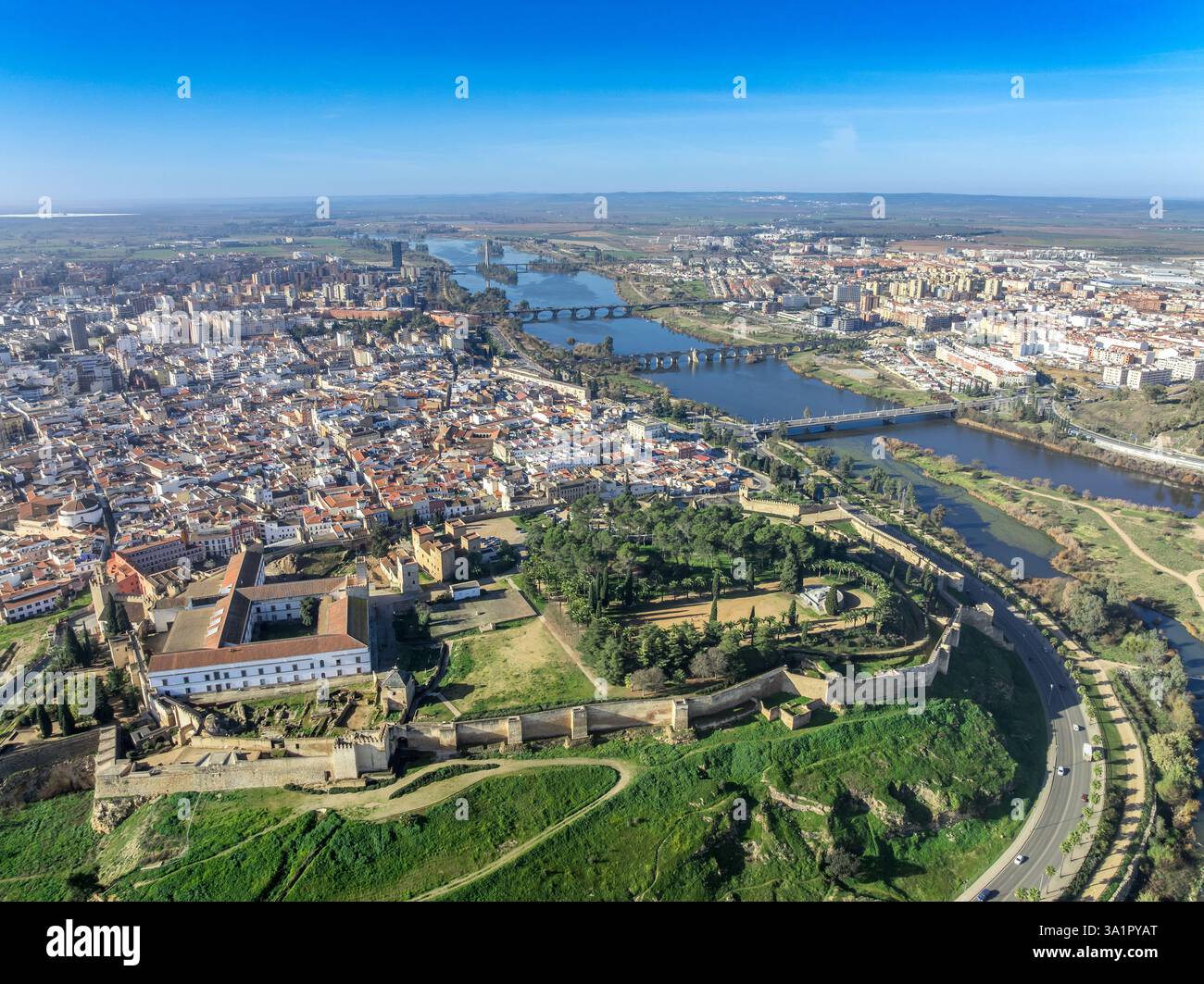 Aerial view of Badajoz Alcazaba palace fortress from the Islamic period ...