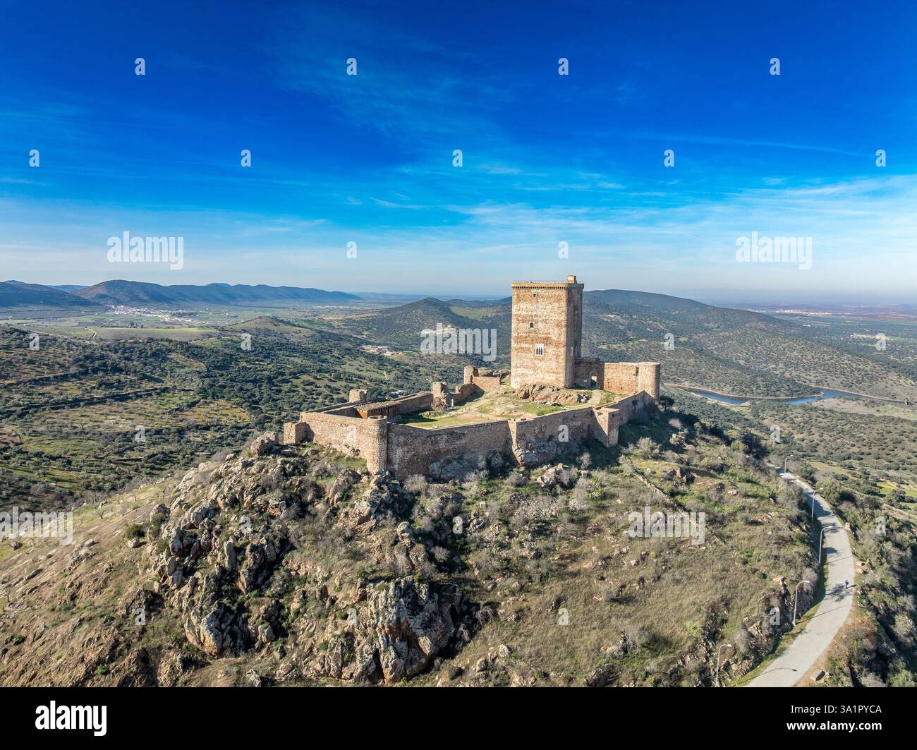 Aerial view of Feria castle in Spain, Gothic and Mudéjar style ...
