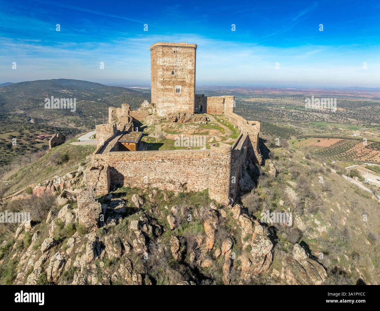 Aerial view of Feria castle in Spain, Gothic and Mudéjar style ...