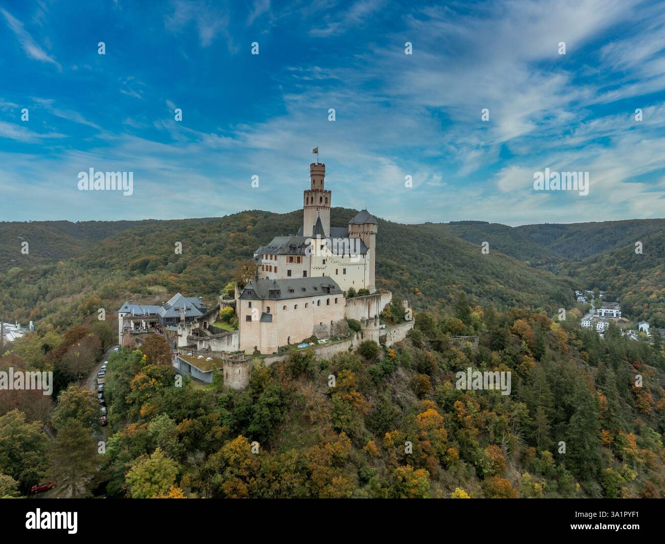 Aerial view of Markburg medieval castle above Braubach Germany with ...