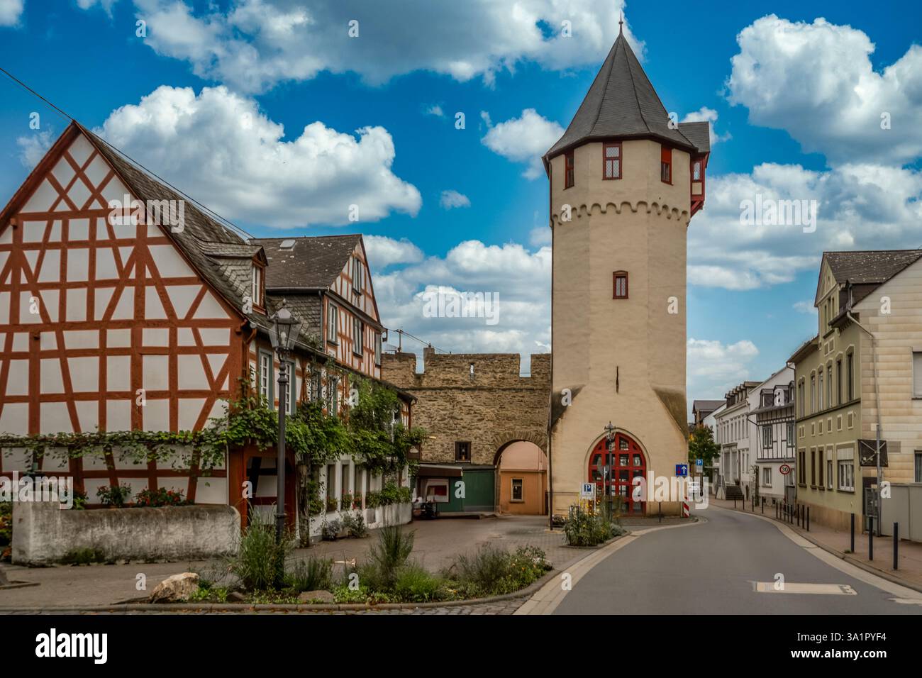 Poligonal medieval tower with windows and roof guarding the medieval ...