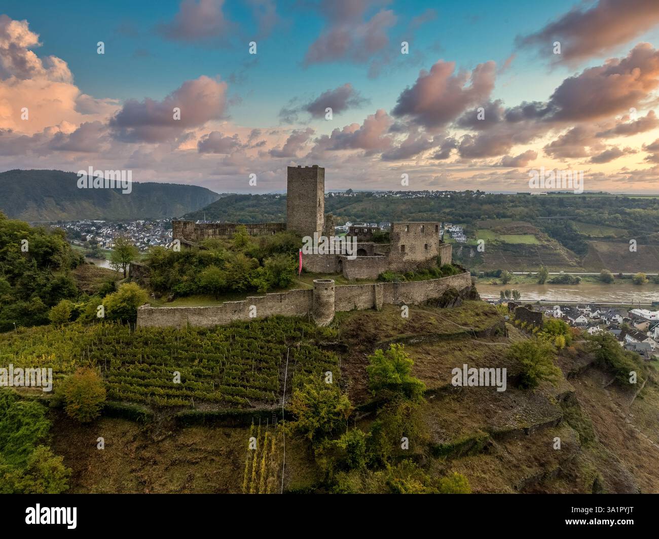 Aerial view of Niederburg hilltop Gothic castle ruin above Moselle ...