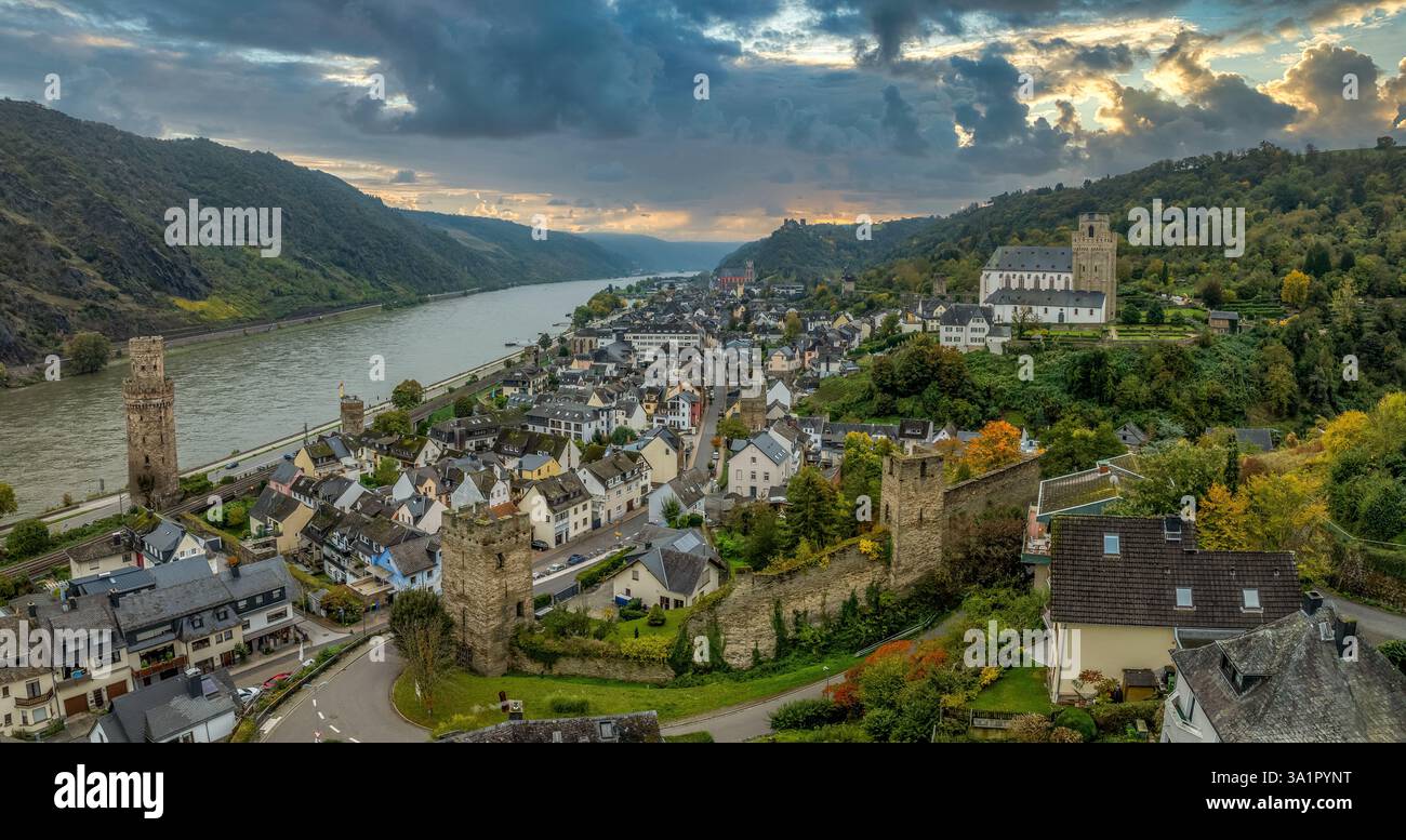 Aerial view of Oberwesel medieval city walls restored Gothic gate tower ...