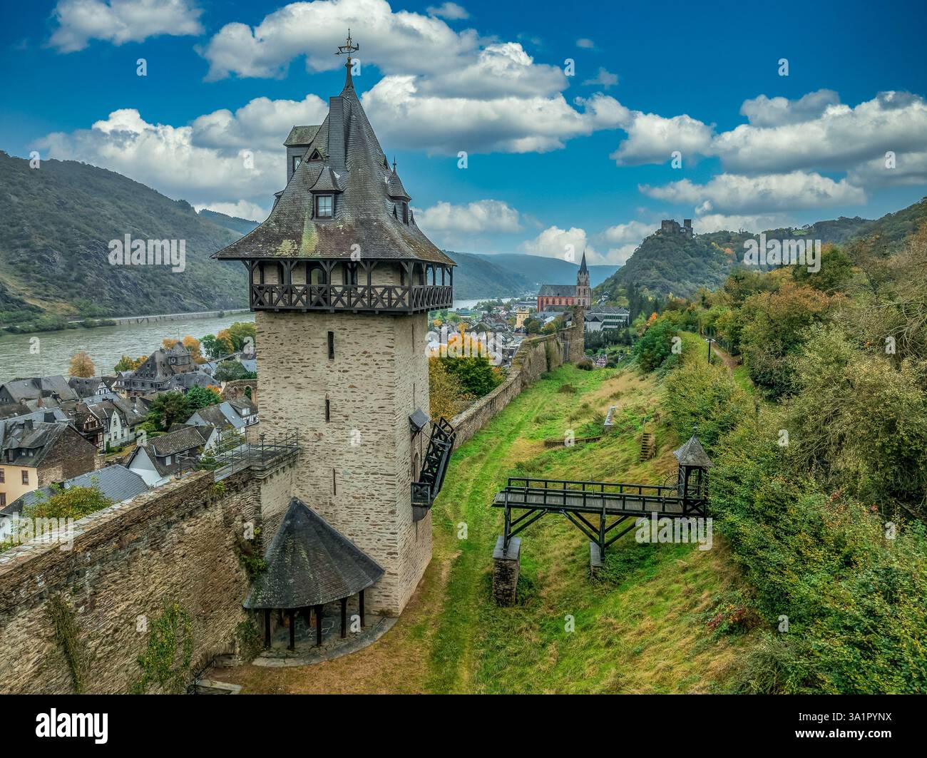 Aerial view of Oberwesel medieval city walls restored Gothic gate tower ...