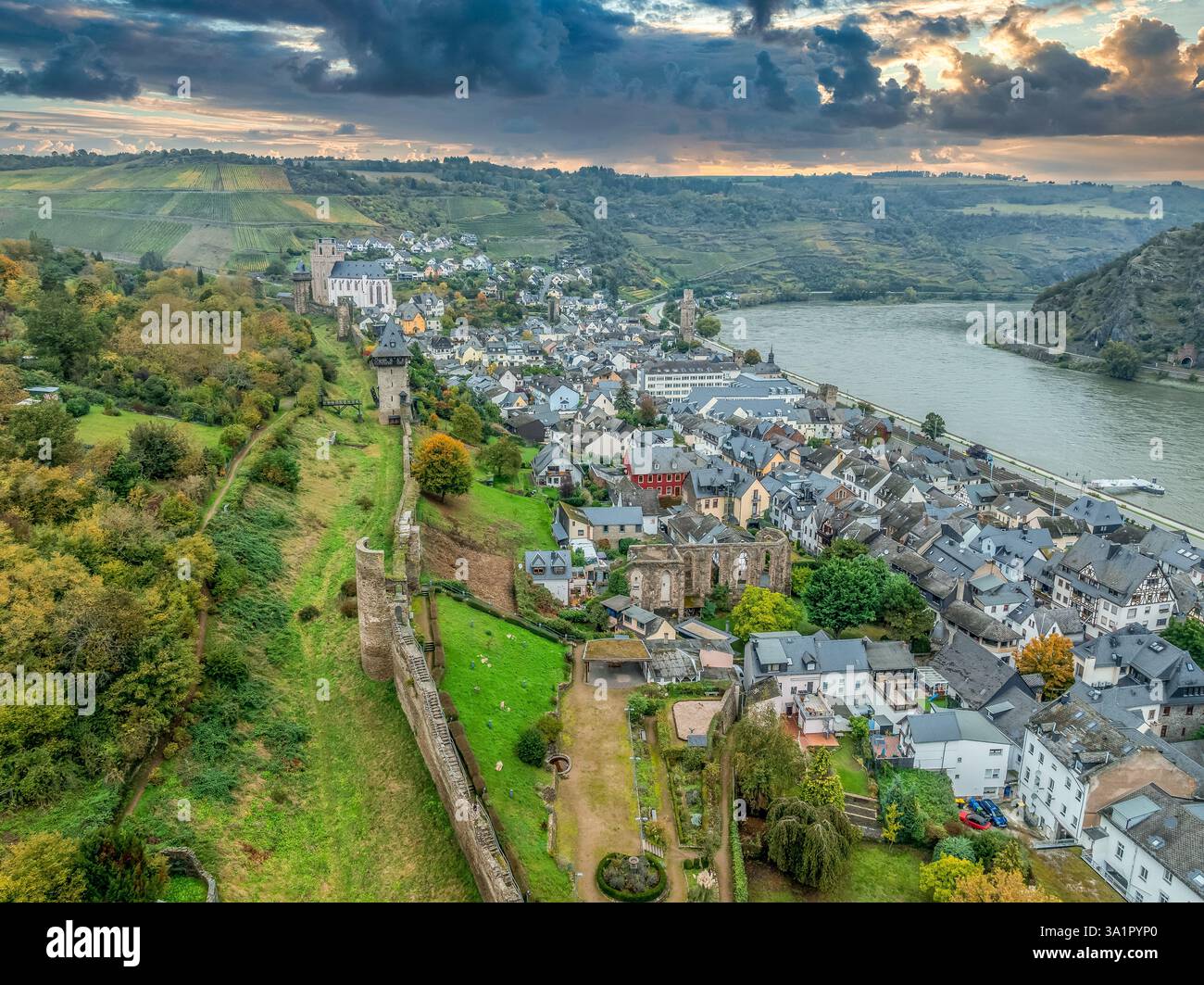 Aerial view of Oberwesel medieval city walls restored Gothic gate tower ...