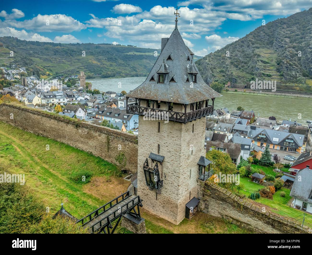 Aerial view of Oberwesel medieval city walls restored Gothic gate tower ...