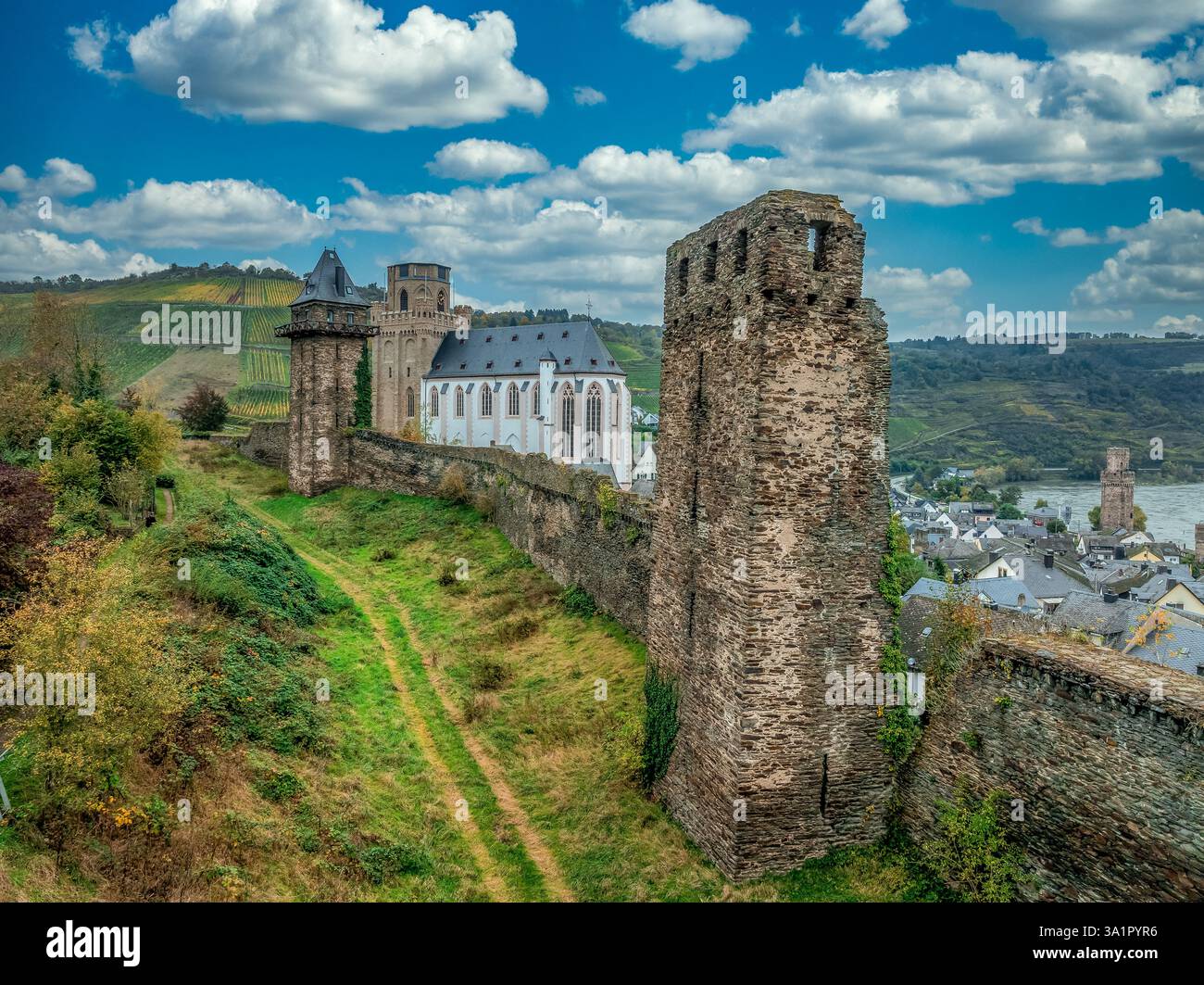 Aerial view of Oberwesel medieval city walls restored Gothic gate tower ...
