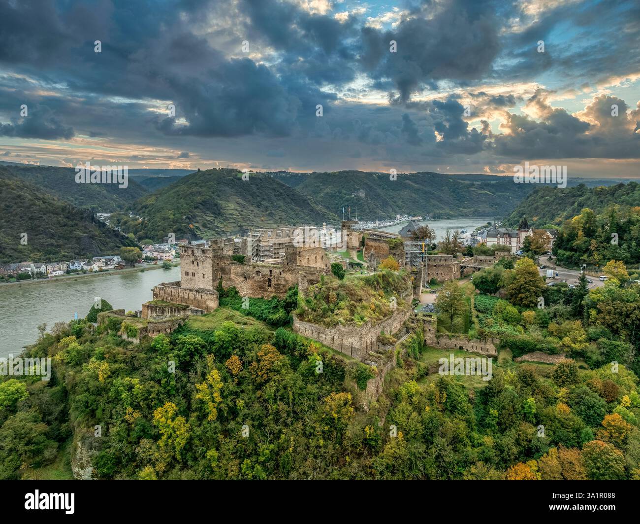 Aerial view of Rheinfels castle medieval ruin under reconstruction in ...