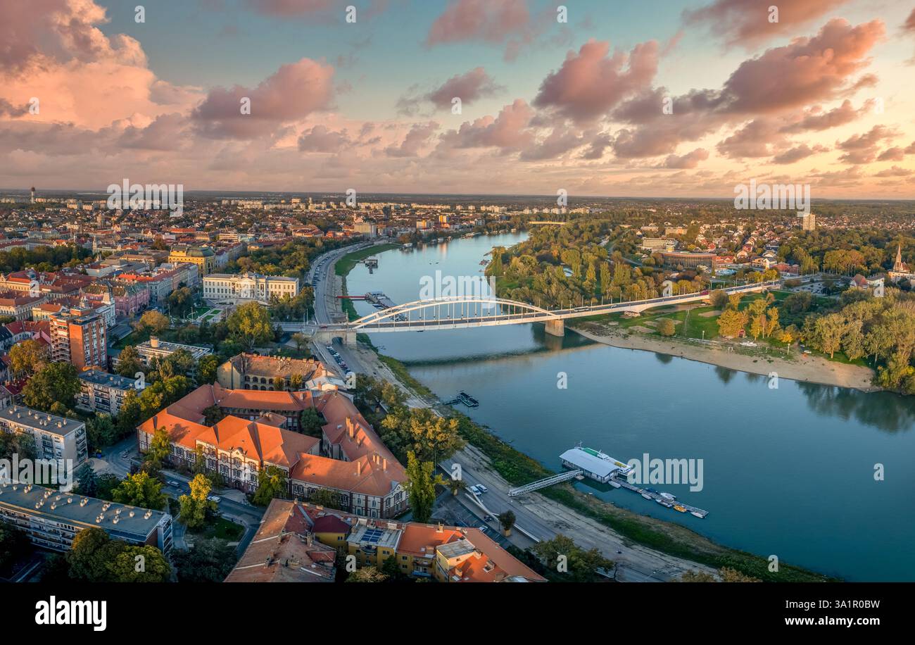 Aerial view of Szeged with Tisza river bridge, Mora museum, downtown ...