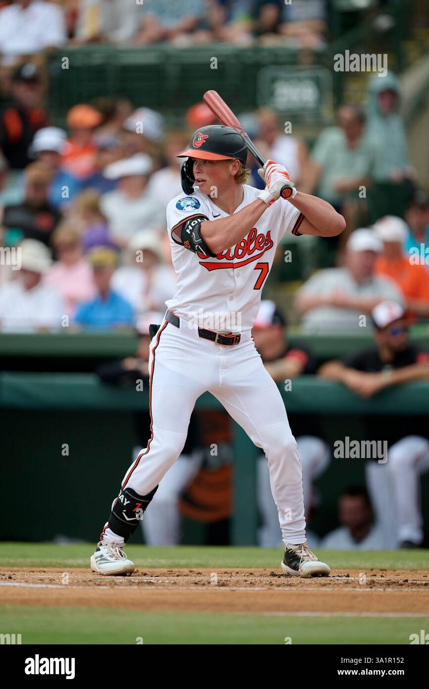 Baltimore Orioles Jackson Holliday (7) at bat during an MLB Spring ...