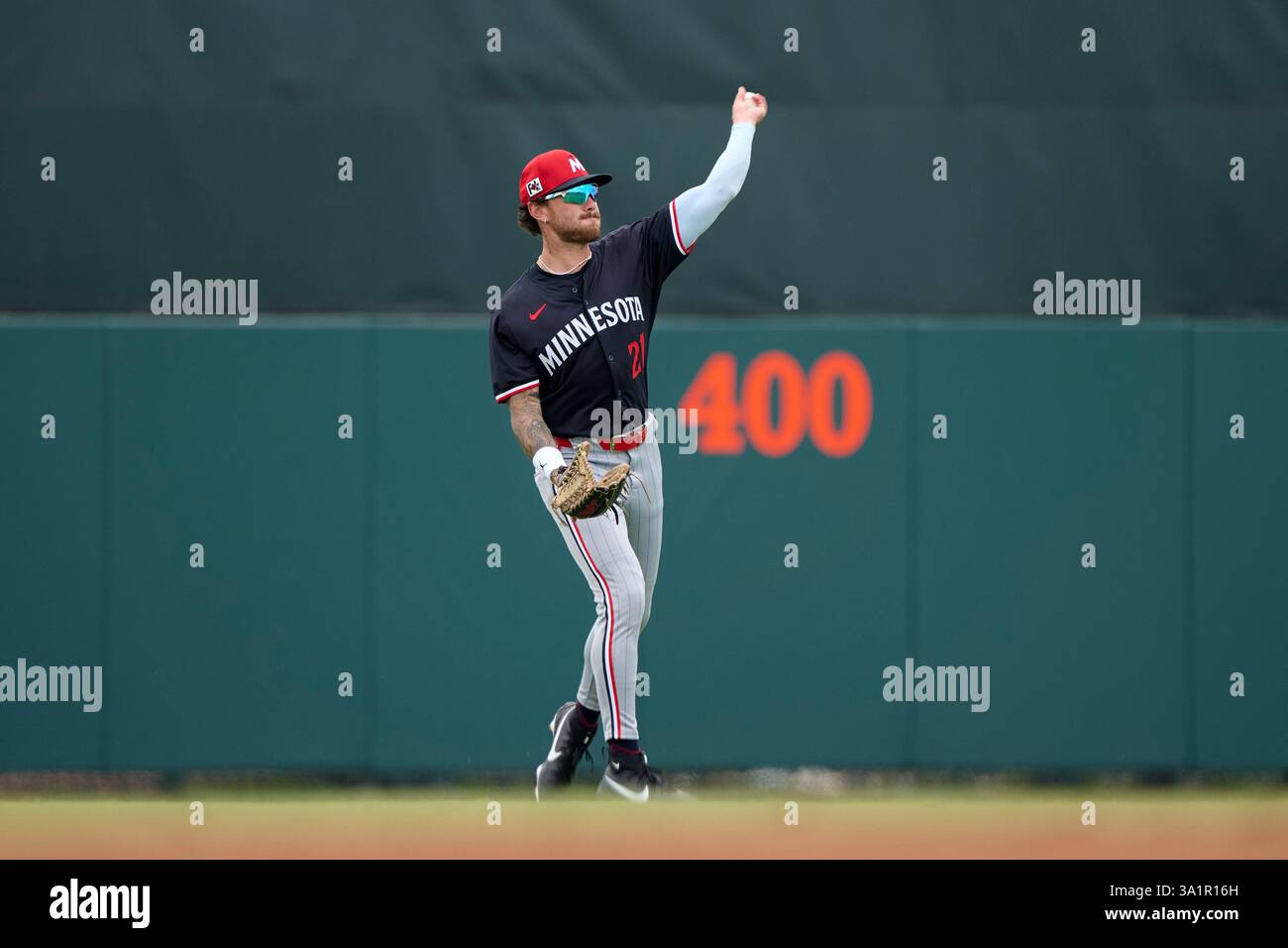 Minnesota Twins outfielder DaShawn Keirsey Jr. (21) throws the ball in ...