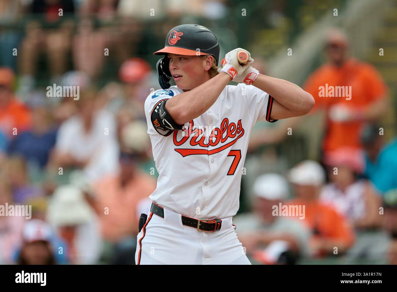 Baltimore Orioles Jackson Holliday (7) at bat during an MLB Spring ...