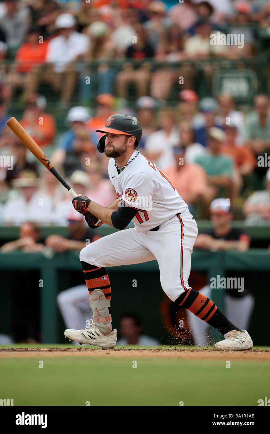 Baltimore Orioles Colton Cowser (17) hits a single during an MLB Spring ...