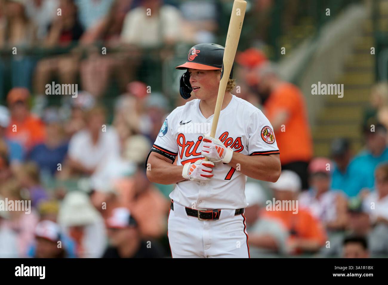 Baltimore Orioles Jackson Holliday (7) at bat during an MLB Spring ...