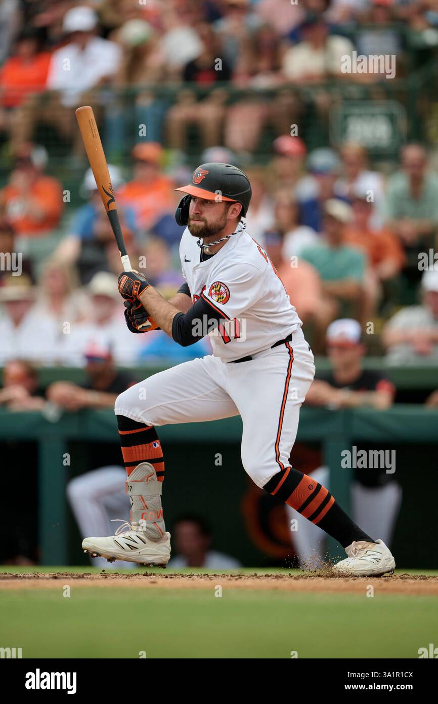 Baltimore Orioles Colton Cowser (17) hits a single during an MLB Spring ...