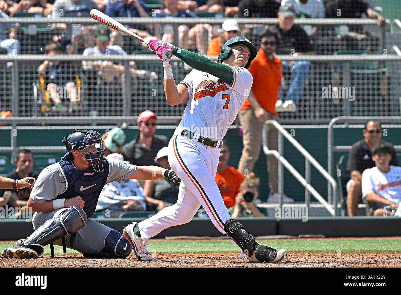 CORAL GABLES, FL - MARCH 09: Miami outfielder Max Galvin (7) bats for ...