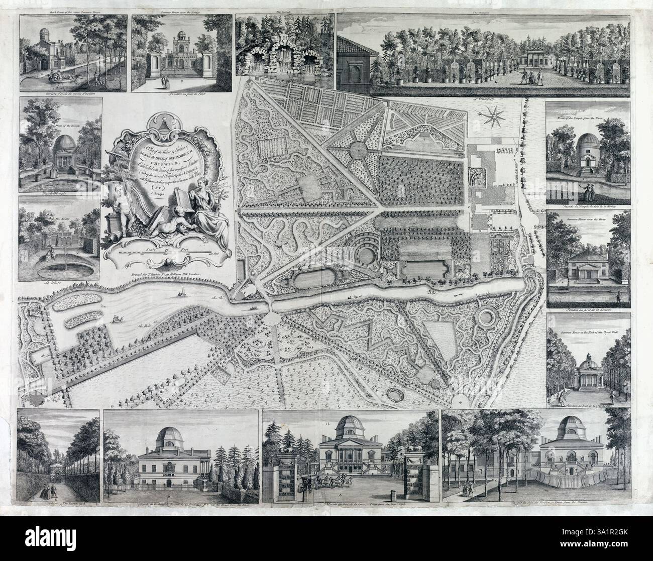 Vintage map and detailed plan of the house and gardens of his Grace the ...