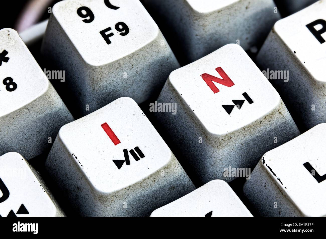 Keyboard button with IN written in red color. Close up macro photo of ...