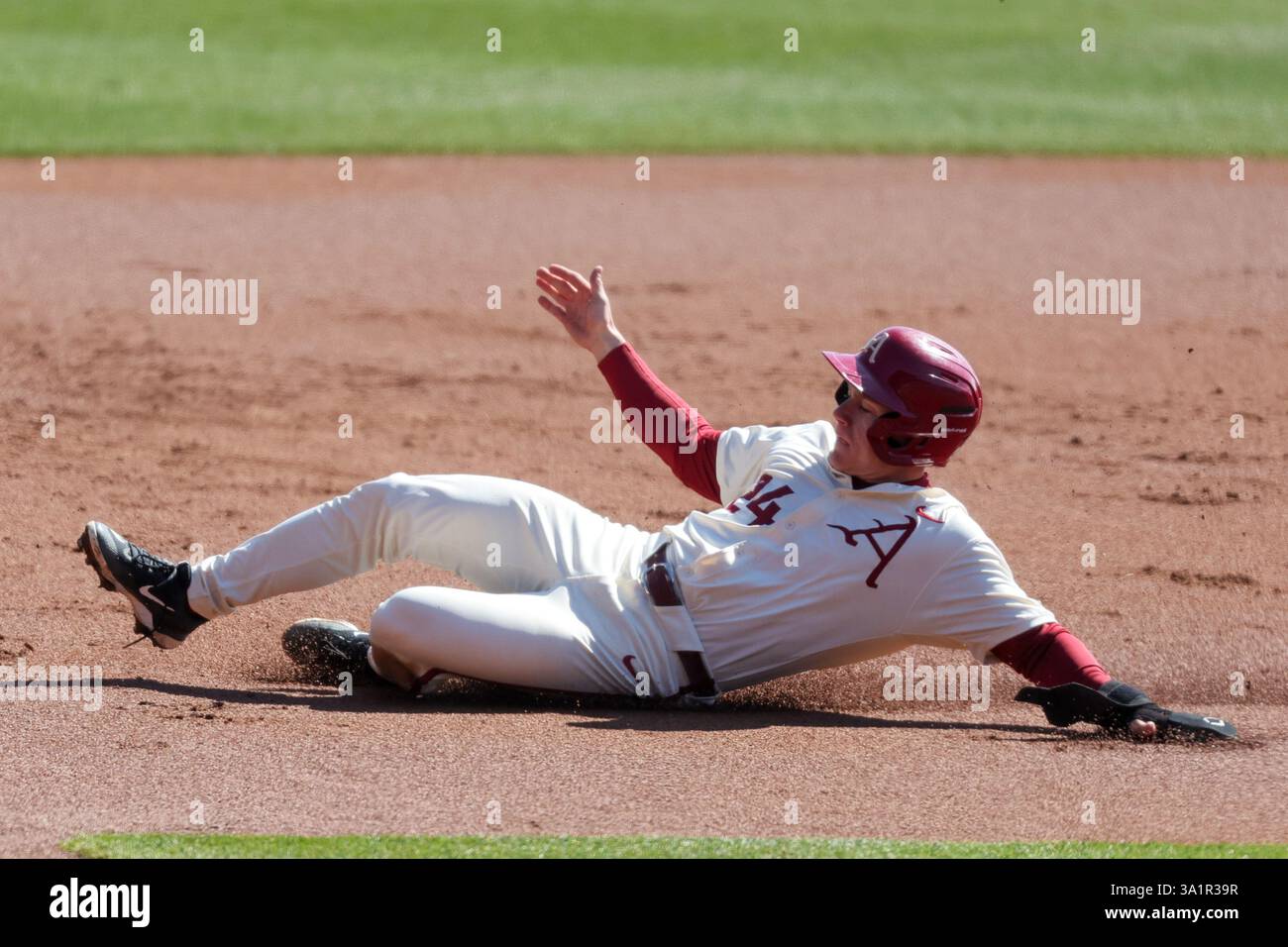 March 9, 2025: Arkansas base runner Charles Davalan (24) begins his ...