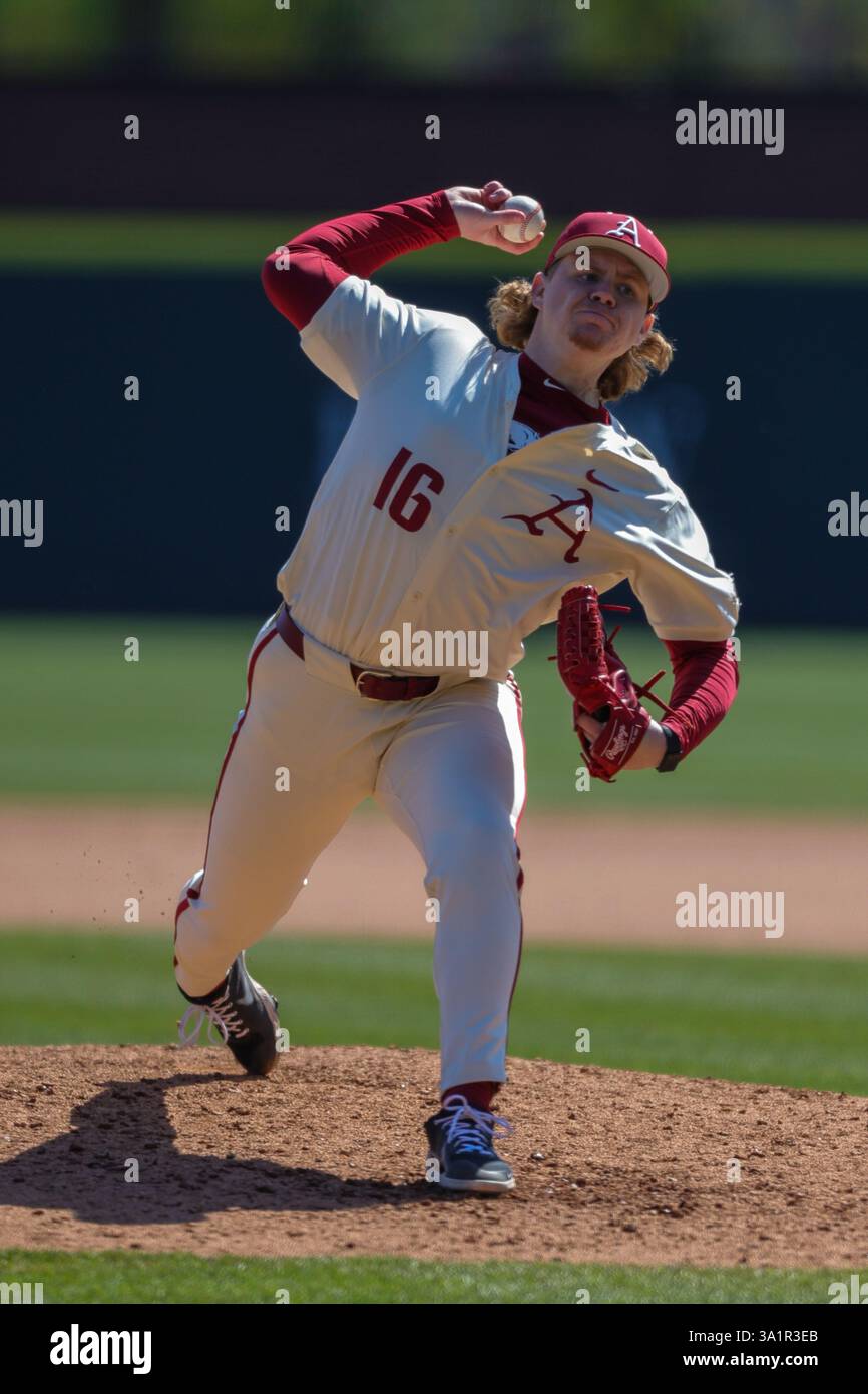 March 9, 2025: Hogs pitcher Aiden Jimenez (16) in action on the mound ...