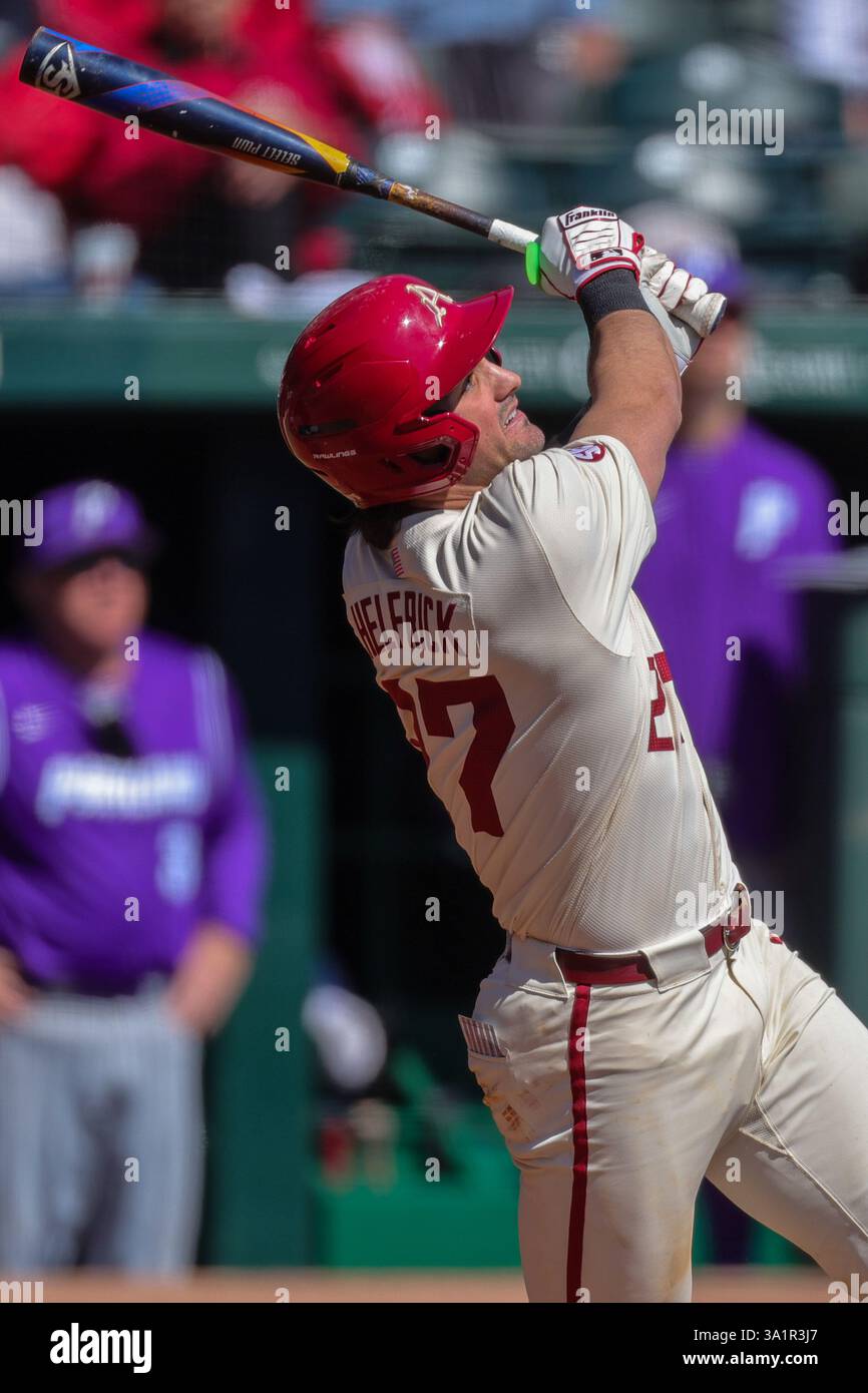March 9, 2025: Arkansas catcher Ryder Helfrick (27) watches a ball come ...
