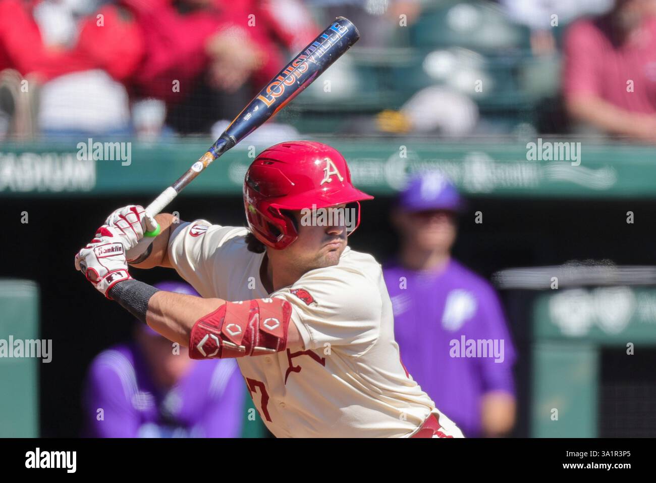 March 9, 2025: Ryder Helfrick (27) of Arkansas waits in the batters box ...