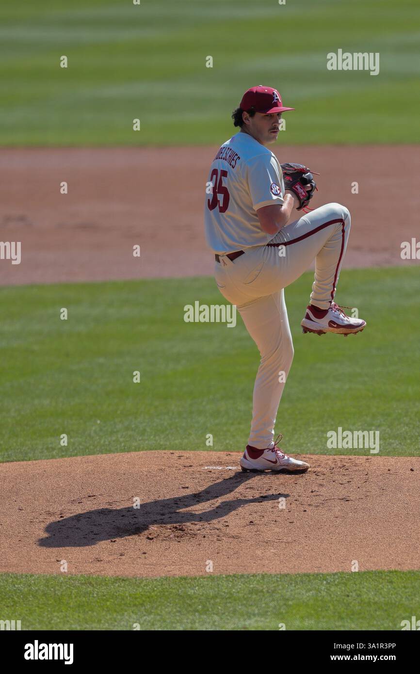 March 9, 2025: Razorback pitcher Landon Beidelschies (35) begins his ...