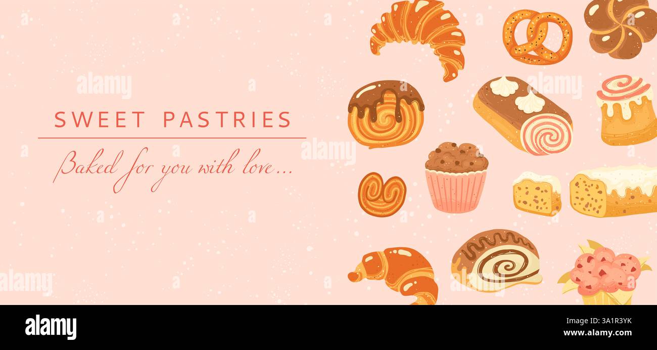 Pastries sweet buns cartoon background. Poster with various pastry bun ...